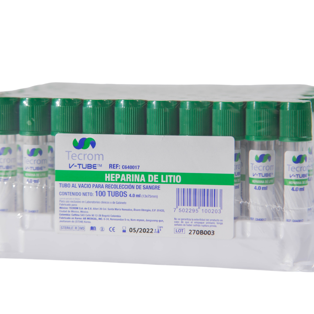 Tubo v-tube™ tapa verde, con heparina de litio, x 1200 uds. Tecrom | OneLab